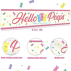 Large Happy Easter Sign Banner Spring Easter Decoration Hello Peeps Indoor and Outdoor Banner Easter Party Decoration Background Photo Prop (9.8 x 1.9 ft)