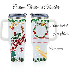 Custom Christmas Garland Tumbler - Personalized Name,Photo 40 Oz Tumbler with Handle Straw Lid,Insulated Xmas Tumbler Coffee Mug Stainless Steel Travel Mug Holiday Gifts for Kid Boy Girl Family