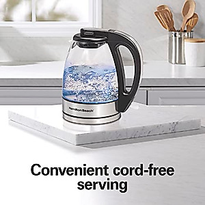Hamilton Beach Glass Electric Tea Kettle, Water Boiler & Heater, 1 L, Cordless, LED Indicator, Auto-Shutoff & Boil-Dry Protection (40930), Clear
