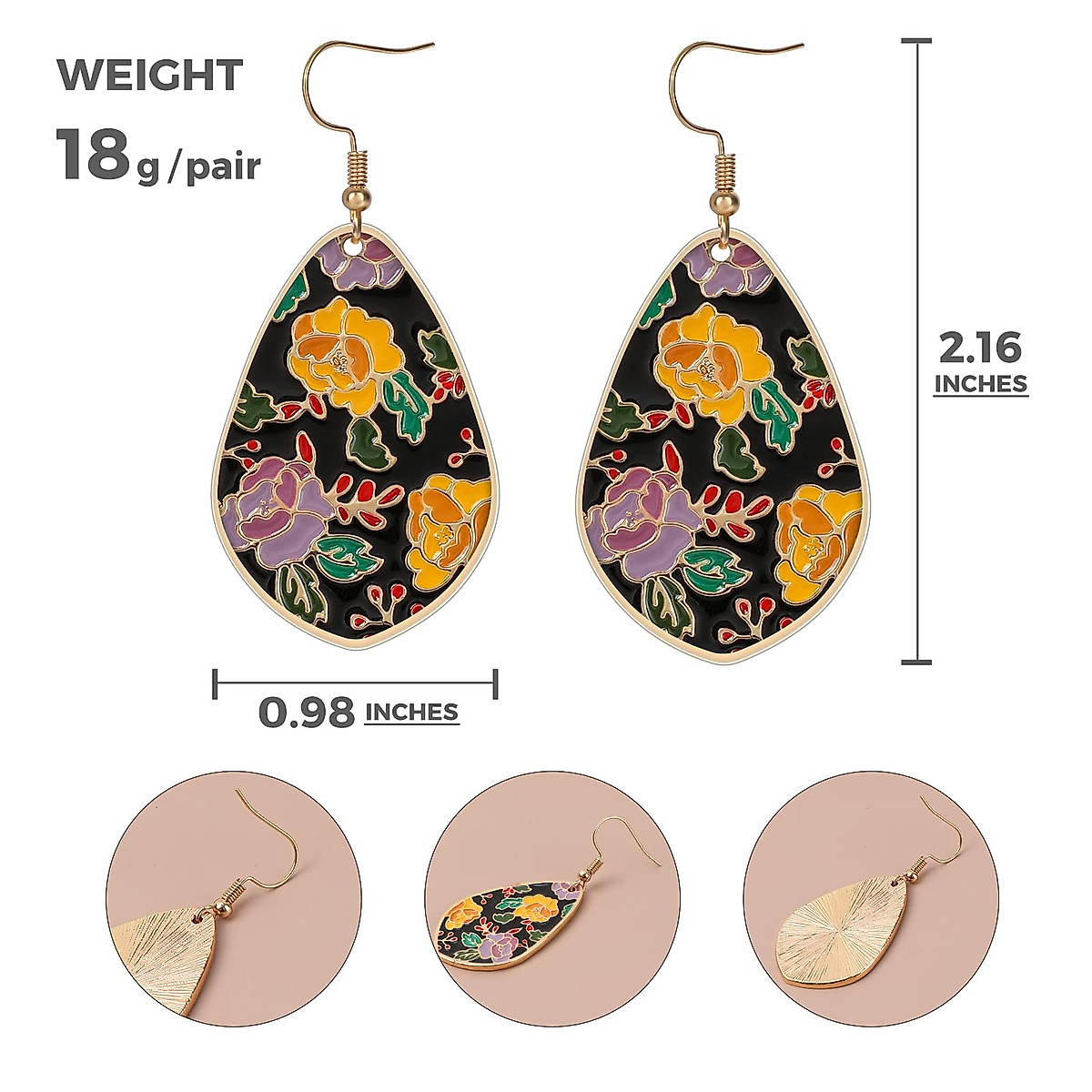 Bohemian Drop Flower Earrings for Women Colorful Floral Pattern Epoxy Resin Tie Dye Lightweight Elegant Vintage Teardrop Dangle Earrings Boho Statement Earrings Jewelry Gift for Her, Black