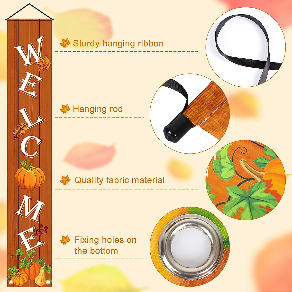 AnyDesign Scarecrow Welcome Hanging Banner Fall Thanksgiving Autumn Harvest Porch Sign Cute Cartoon Scarecrow Front Door Sign for Indoor Outdoor Home Wall Decoration, 12 x 72 Inch