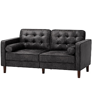 Lesofair 67" Faux Leather 2-seat Sofa with Two Bolster Pillows, Tufted Loveseat with Wooden Legs, Morden Sofa Suitable for Living Room, Office, Brown