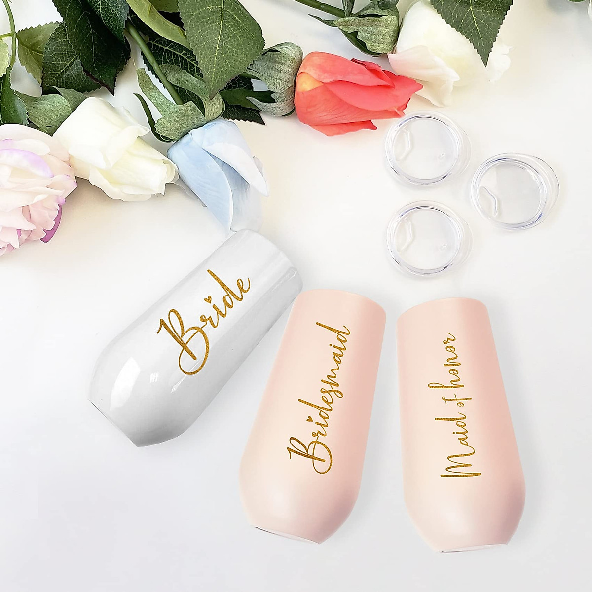 CARAKNOTS Bridesmaid Proposal Gifts Bridesmaid Cups Set of 5 Wedding Champagne Flutes for Bridal Shower Engagement Bachelorette Party Favor Maid of Honor Pink Stainless Steel Tumbler 6 oz