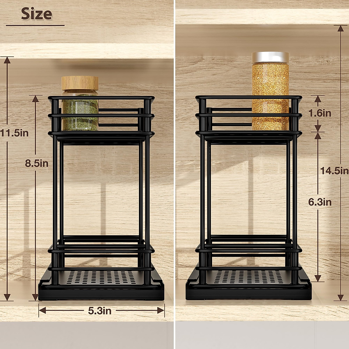 Tikea Spice Rack Organizer 2-Pack, 2-Tier Pull Out Seasoning Rack for Kitchen Cabinet, Spice Drawer Organizer Shelf for Small Space, Condiment Storage, 5.3''W x 10.4''D x 8.9''H