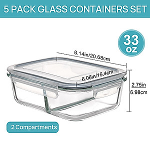 Vtopmart 5 Pack 33oz Glass Food Storage Containers with Lids, Meal Prep Containers 2 Compartments, Airtight Lunch Containers Bento Boxes with Snap Locking Lids for Microwave, Oven, Freezer