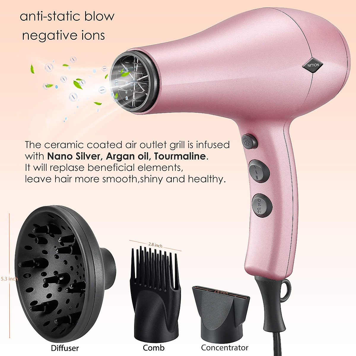 NITION Negative Ions Ceramic Hair Dryer with Diffuser (Large Size 5.3 inch) Attachment,Ionic Blow Dryer Quick Drying,1875 Watt 2 Speed / 3 Heat Settings,Cool Shot Button,Lightweight,Rose Pink