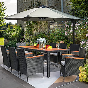 Flamaker 9 Piece Patio Dining Set Outdoor Acacia Wood Table and Chairs with Soft Cushions Wicker Patio Furniture for Deck, Backyard, Garden