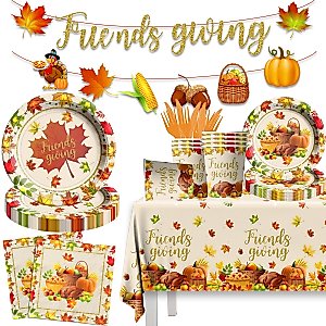 Friends Giving Party Decorations,142Pcs Fall Tableware Includes Paper Plates,Tablecloth,Cups Autumn Pumpkin Maple Turkey Theme Decorations for Friends Giving Holiday,Fall Decoration