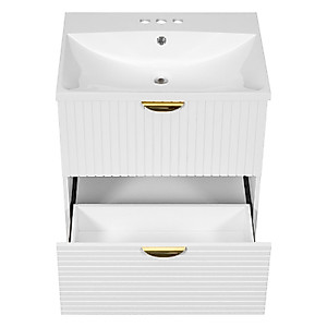 Appot WF311074AAK Modern 24-Inch Wall-Mounted Bathroom 2 Drawers, Bath Room Vanities with Ceramic Basin Sink (Faucet Not Included), White