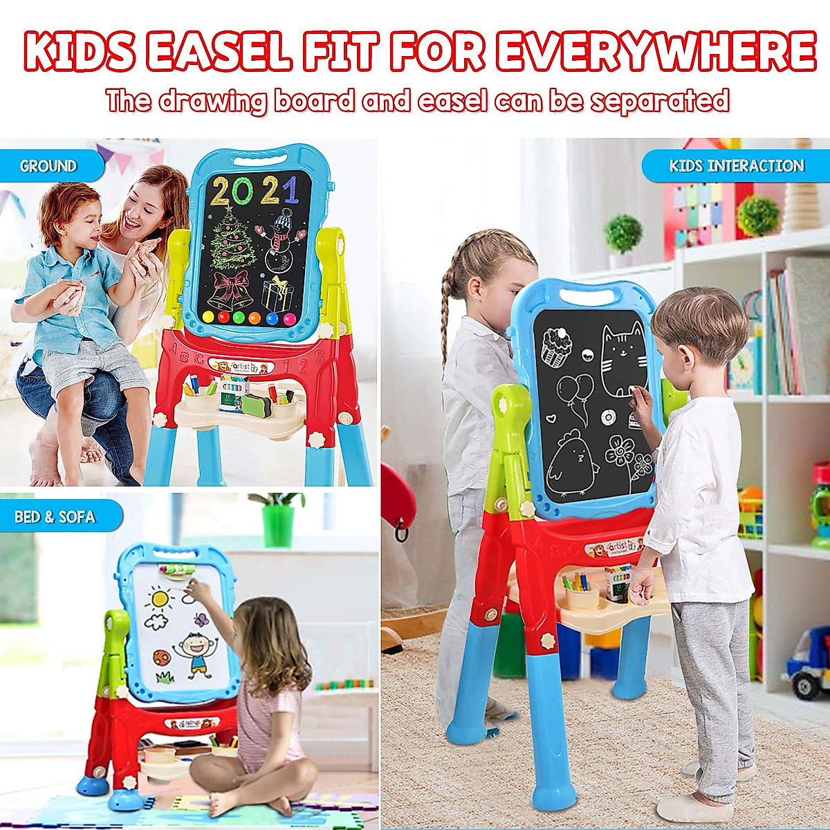 Mojitodon Easel for Kids,Rotatable Double Sided Adjustable Standing Art Easel with Painting Accessories for Toddlers Boys and Girls-Blue