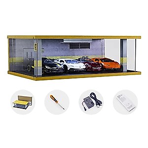 SIKIVOT Model Car Display Case，Model Car Parking Lot Garage，Display Case for 1/32 Diecast Cars，4 Parking Space with LED Light and Acrylic Cover (7334D5)
