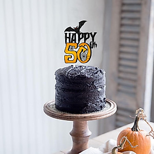 Halloween Theme 50th Happy Birthday Cake Topper - Halloween Theme Birthday Party, Halloween Bat Theme Anniversary Party, Spooky Spider Bat Decoration - LIANGSS
