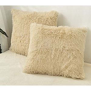 MorroMorn Shaggy Throw Pillow Covers, Luxury Long Faux Fur Decorative Pillows Shams, Square Pillow Cases Set, Pack of 2 Cushion Cover for Bed Couch Soft Fluffy Shaggy Room Decor (Khaki)