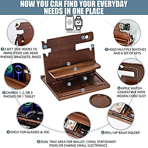 Solid Wood Phone Docking Station for up to 3 Phones - Nightstand Organizer for Men & Women Holds Multiple Phones, Tablets, Apple Watch & More - Neatly Stores Keys, Rings, Glasses & EDC, Brown