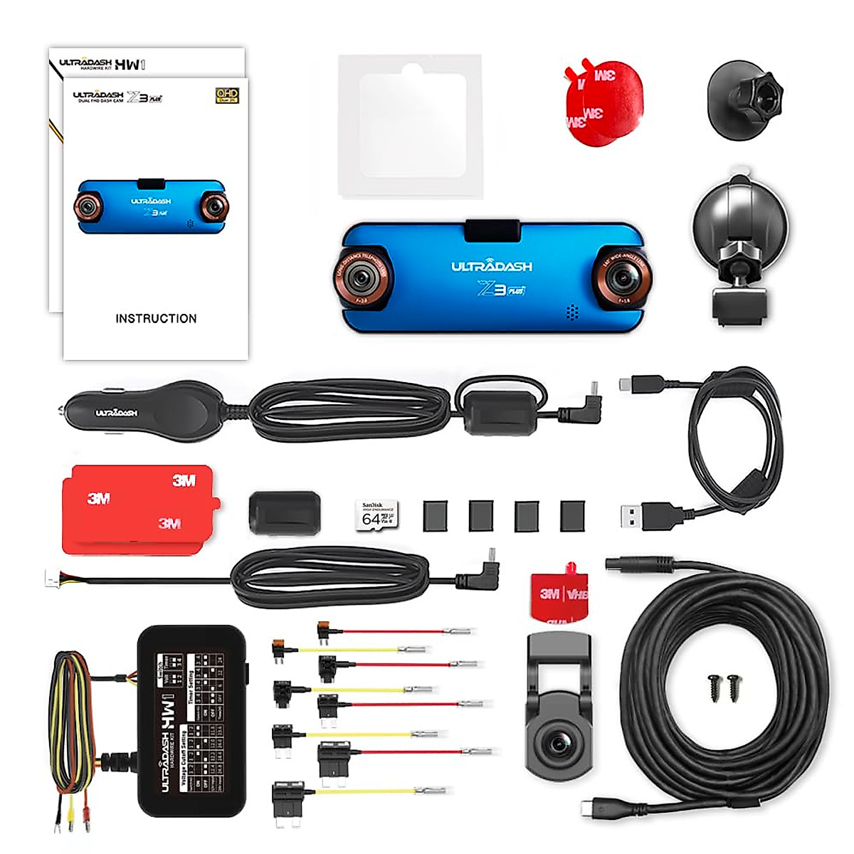 UltraDash Z3+ & R1 & HW1-B Standard ver - Front, Telephoto and Rear 3-Channel 2K Dash Cam with 64GB SD Card + Advanced Low-Voltage Power Protection and Timer Hardwire Kit Bundle, for Commute Drivers