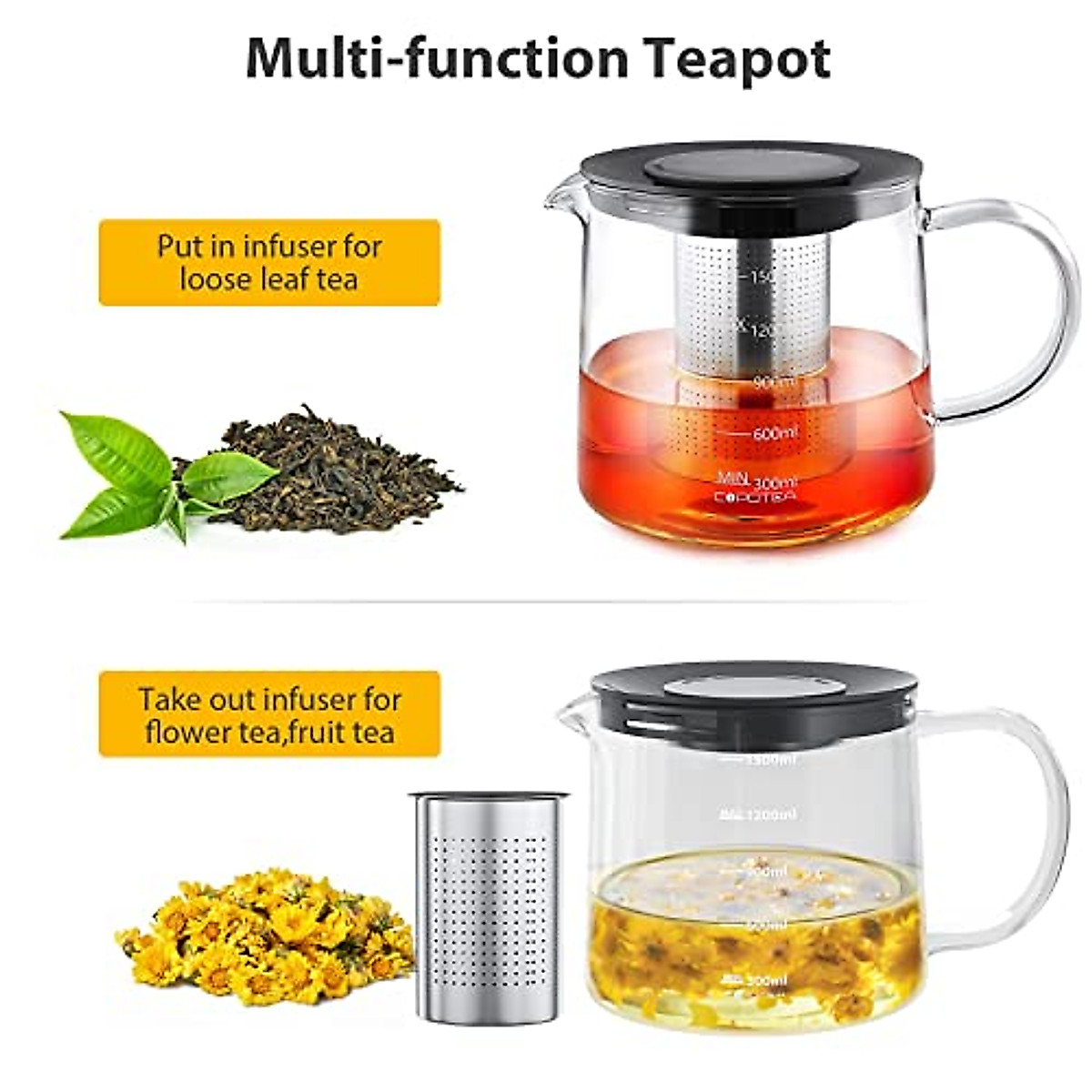Glass Teapot with Infuser - 1500ml/50 OZ Tea Kettle Stovetop Safe Tea Pot for Blooming Tea Loose Leaf Tea, Premium Tea Maker with Gift Box