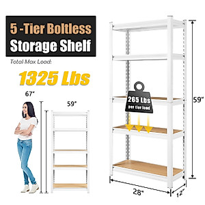 PrimeZone 28" W x 12" D x 59" H Storage Shelves, 5-Tier Adjustable Storage Utility Rack, Heavy Duty Metal Shelving Unit Organization Shelf for Kitchen Pantry Closet Garage Warehouse, White