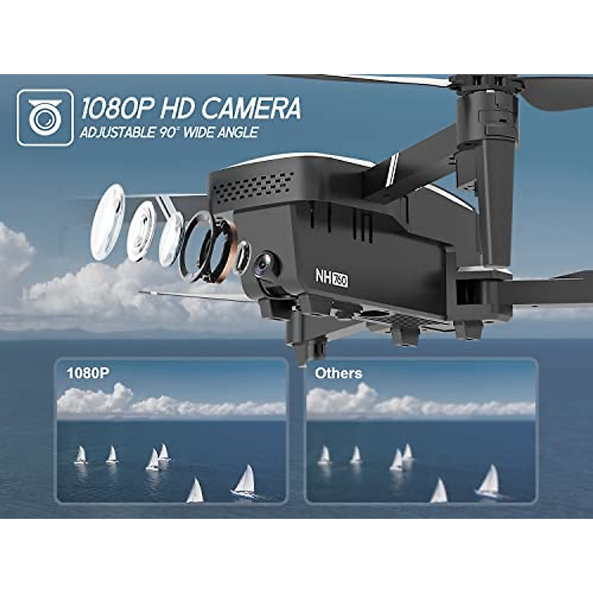 NEHEME NH760 Drones with 1080P HD Camera for Adults, WIFI FPV Live Video, RC Quadcopter Foldable Drones for Kids Beginners, Headless Mode, One Key Start Toys Gifts with 2 Batteries, Upgraded Version