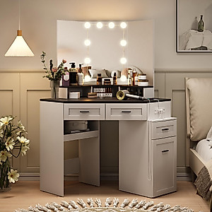 Fameill Corner Vanity Desk with Tri-Fold Mirror and Adjustable Light, Makeup Dressing Table with Power Outlet, 3 Drawers, Sliding Cabinet, Open Shelves, White Vanity Desk for Bedroom, Women, and Girls
