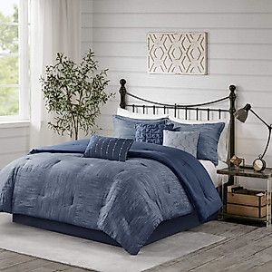 Madison Park Walter Comforter-Luxe Seersucker Print Design All Season Down Alternative Bedding, Matching Shams, Bedskirt, Decorative Pillows, California King (104 in x 92 in), Navy