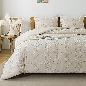 Andency Beige Tufted Comforter Set King(104x90Inch), 3 Pieces(1 Boho Comforter, 2 Pillowcases) Textured Farmhouse Comforter, Soft Microfiber Down Alternative Geometric Comforter Bedding Set