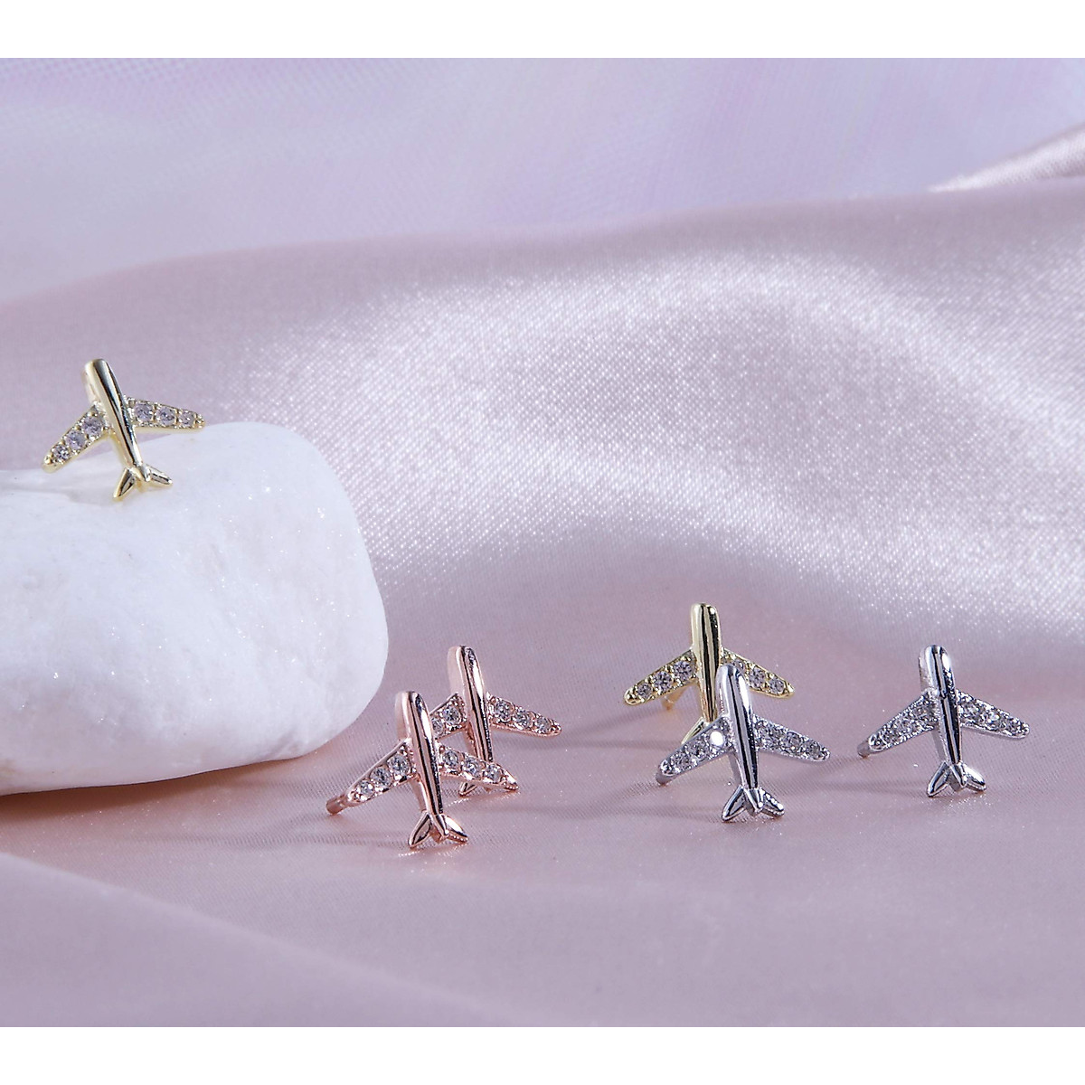 Helen de Lete Airplane Rhinestone Plane S925 Sterling Silver Stud Earrings (Silver) For Women