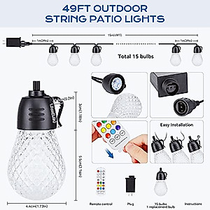 Gaoxun 49ft Outdoor String Lights, Smart RGBW Patio Lights with 15 Dimmable IP66 Waterproof Bulbs, APP and Remote Control, 8 Dynamic Modes, Color Changing LED Lights for Party Backyard Balcony Garden