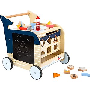 Wooden Whale Baby Walker by Small Foot – Classic 5-in-1 Activity Center - Interactive Toy with Shape Sorter, Puzzle Maze, Compass, Chalkboard - Develops Kids Coordination, Motor Skills –Age 12+ months