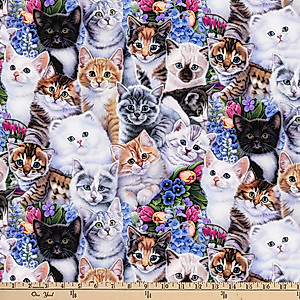 Kittens & Flowers Cotton Fabric by the Yard