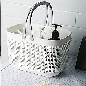 FEOOWV Plastic Bathroom Storage Basket with Handle, for Storing Bathroom Body Wash, Shampoo, Conditioner, Lotion (White, 1Pc)