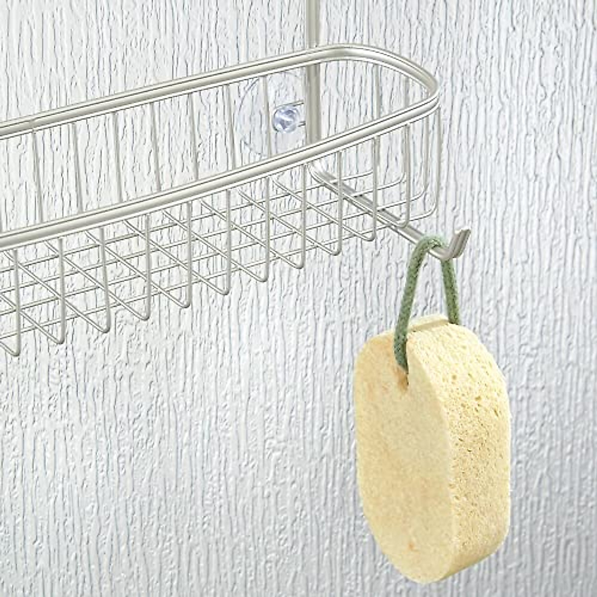 mDesign Extra Wide Stainless Steel Bath/Shower Over Door Caddy, Hanging Storage Organizer 2-Tier Rack with Hook and Basket, Holder for Soap, Shampoo, Loofah, Body Wash, Hyde Collection, Matte Satin