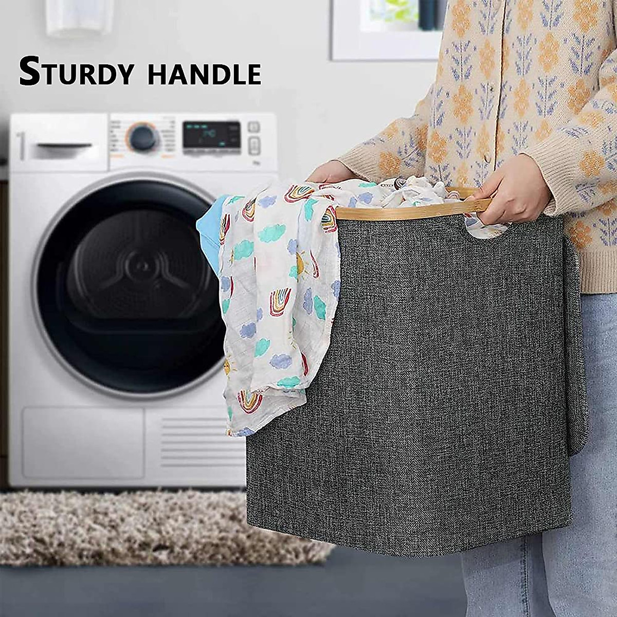 Mindore Laundry Hamper with Lid,60L Collapsible Laundry Basket with Bamboo Handles,Portable Clothes Hamper for Dorm Room, Bathroom, Bedroom,Grey Foldable Hamper for Toys, Closet, Clothing