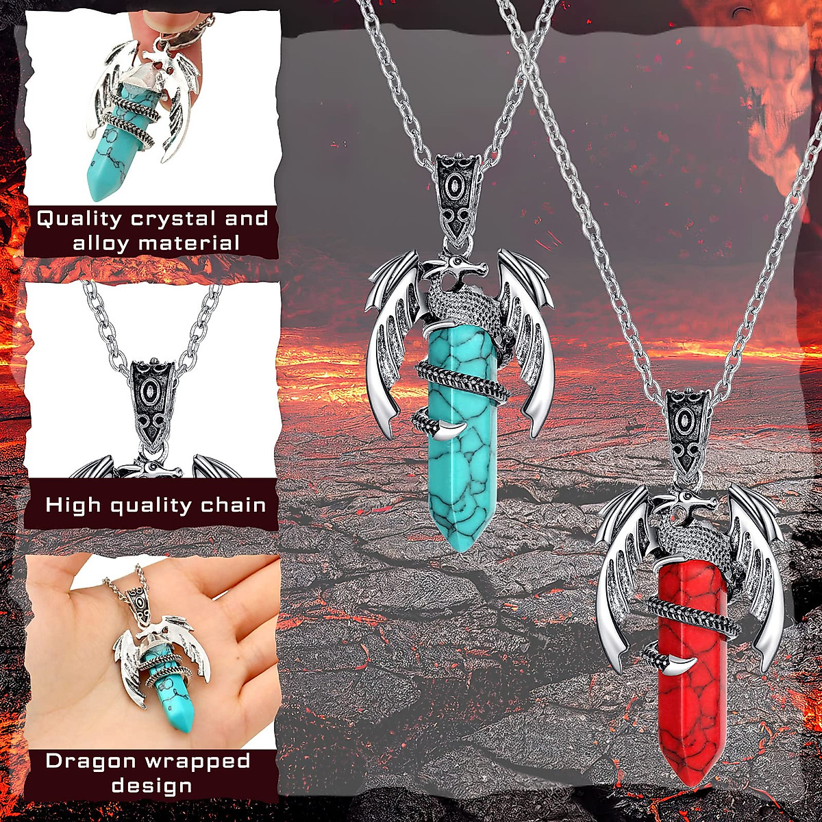 Yinkin 12 Pcs Dragon Necklace for Men Women Crystal Stone Necklace Dragon Wrapped Pendant Chakra Reiki Gemstone Necklace (Dragon, Hexagonal Stone)