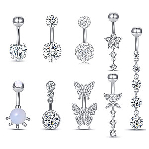 Ofeiyaa 9Pcs 14G Dangle Belly Button Rings Skull Butterfly Heart CZ Navel Rings Barbell Body Piercing Jewelry for Women