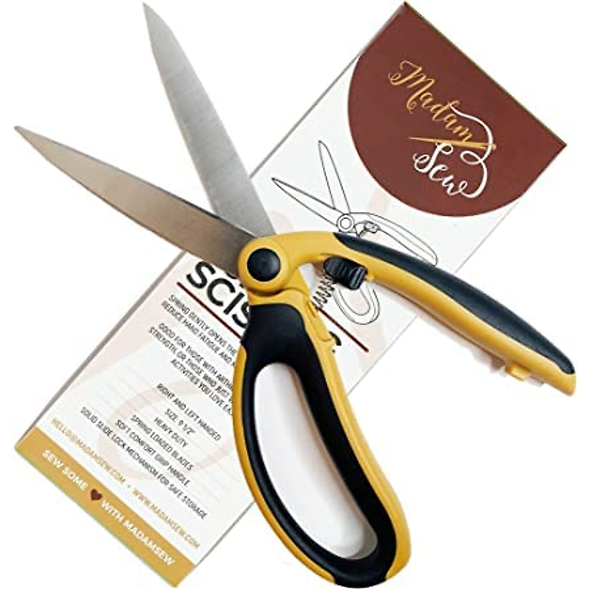 Madam Sew Spring Loaded Scissors, All Purpose Heavy-Duty 9.5” Fabric Scissors Sewing Shears with Precision-Ground Blades, Slide Lock Mechanism and Soft, Anti-Slip TPU Grips for Right or Left Hand