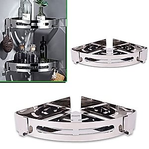 aZugo No-Drilling Wall Mounted Double-layer Corner Kitchen Bathroom Storage Racks Shelving Stainless Steel With 2hooks
