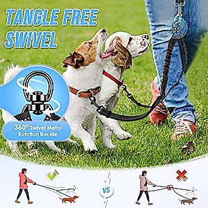 AUTOWT Double Dog Leash, No Tangle 360° Swivel Rotation Reflective Lead Attachment Adjustable Length Dual Two Dog Lead Splitter, Comfortable Shock Absorbing Walking Training for 2 Dogs
