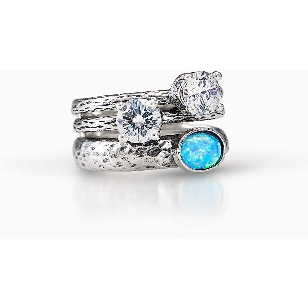 Joolala 1 Carat Round White Cubic Zirconia and Oval Blue Fire Opal Stylish Ring in 925 Sterling Silver - for Women, Size 5