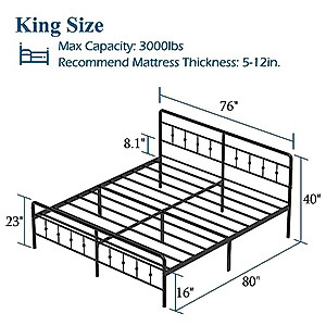 DiaOutro 16 Inch King Bed Frame with Headboard and Footboard, Classic Metal Platform No Box Spring Needed Heavy Duty Victorian Style Iron-Art Mattress Foundation/Under Bed Storage/Noise Free