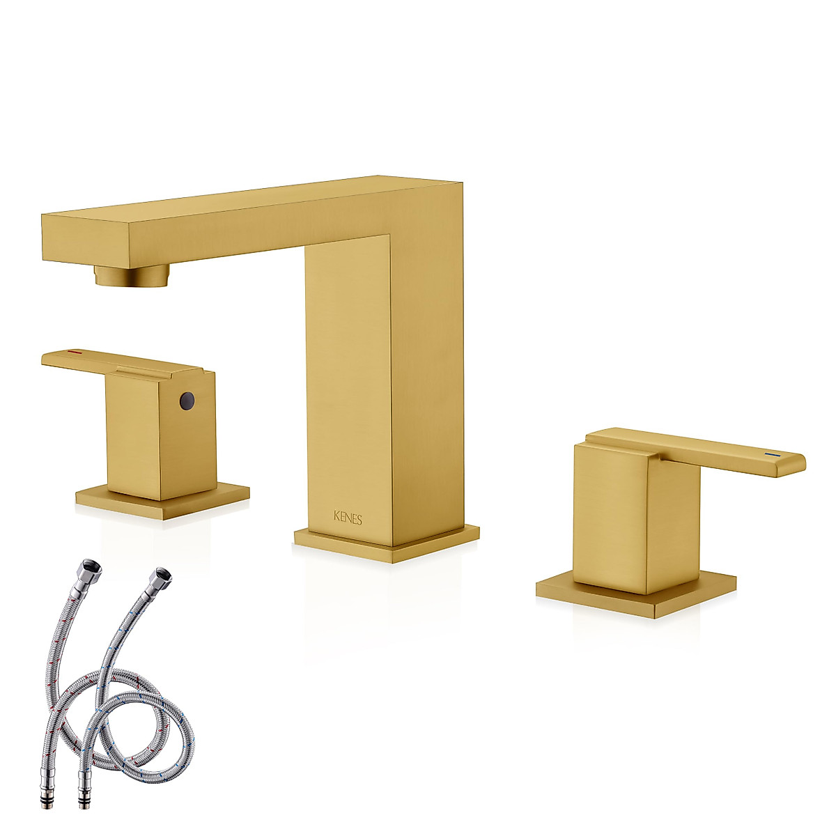 KENES Gold Widespread Bathroom Faucet Brushed Gold Two Handle Bathroom Sink Faucet 3 Hole, 8-Inch Bathroom Faucet Vanity Faucet with Lead-Free Supply Hose, KE-9050-4