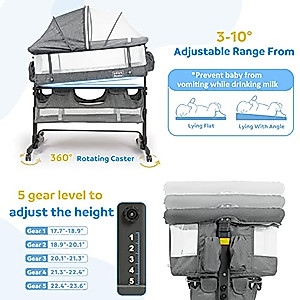 3 in 1 Baby Bassinet, Upgraded Beside Crib with 360° Highly Visible Mesh wall, Comfy Co-sleeper Bassinet with mattress, 5 Level Adjustable Height, Foldable & Portable BabyTravel Crib for Newborn, Grey