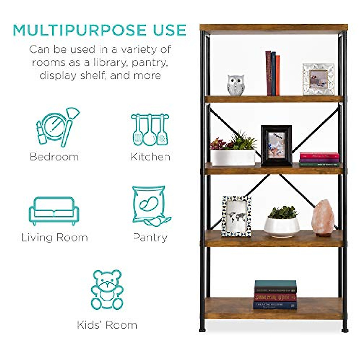 Best Choice Products 5-Tier Rustic Industrial Bookshelf Display Décor Accent for Living Room, Bedroom, Office w/Metal Frame, Wood Shelves - Brown