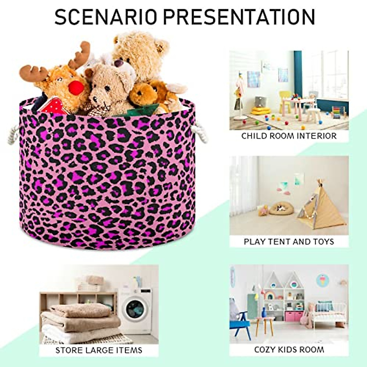 Kigai Storage Basket Pink Purple Leopard Round Toy Baskets Foldable Nursery Organizer Waterproof Inner Layer with Sturdy Handles Clothes Laundry Hamper Bin