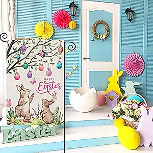 Happy Easter Bunny Garden Flag for Outdoor 12x18 Double Sided,Rabbit Egg Tree Small Yard Flag,Seasonal Decors for Spring Farmhouse Holiday Outside