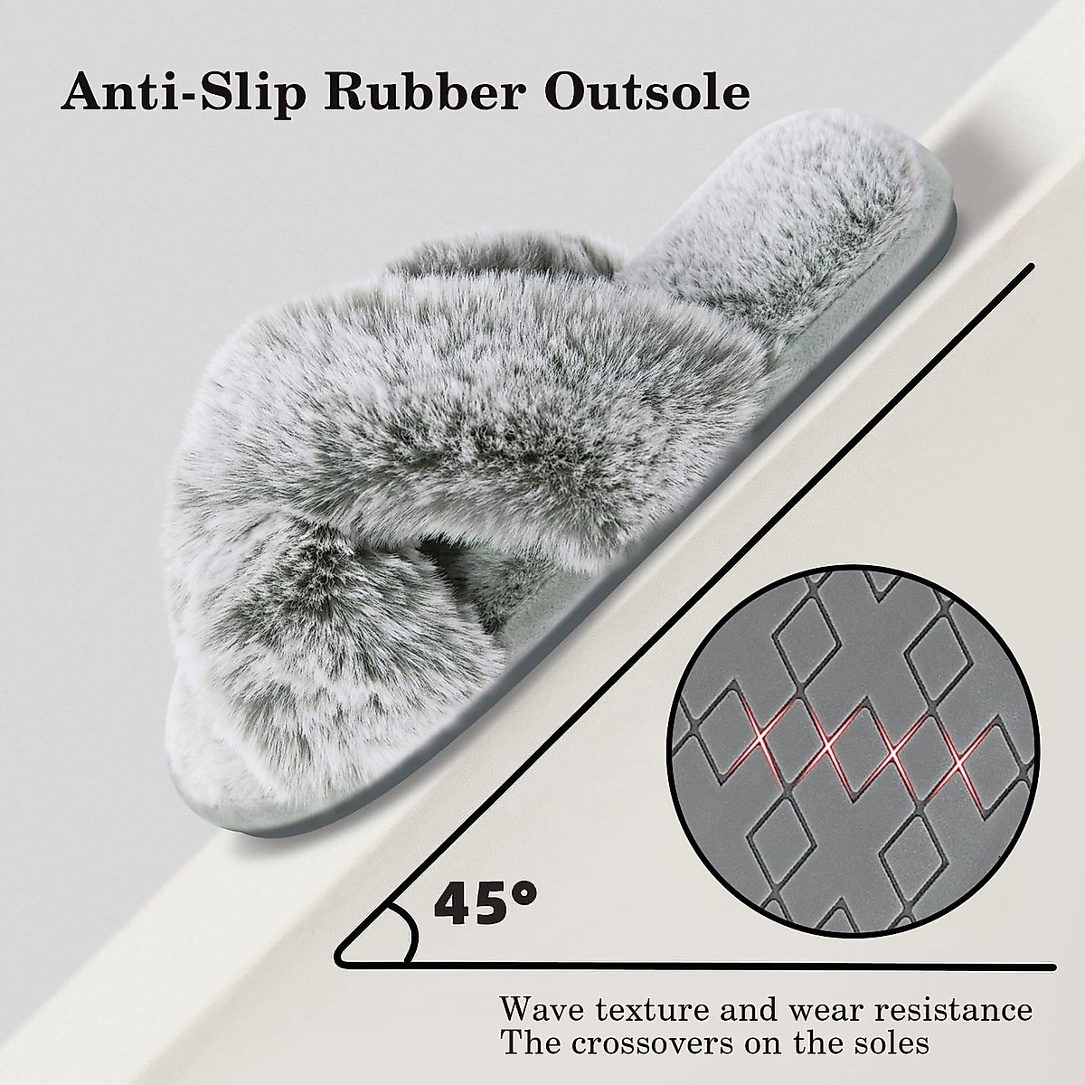 Cozyfurry Womens Cross Band Slippers Cozy Furry Fuzzy House Slippers Open Toe Fluffy Indoor Shoes Outdoor Slip on Warm Breathable Anti-skid Sole Tip Grey 9-10 L