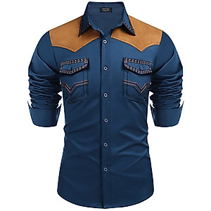 COOFANDY Mens Shirt Western Cowboy Embroidered Long Sleeve Slim Fit Casual Cotton Button Down Hippie with Pockets, Blue, XX-Large, Long Sleeve