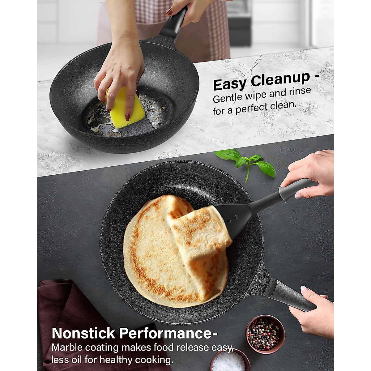 Cook N Home Nonstick Deep Frying Pan Saute Pan Skillet with Lid 11 Inch, Marble Wok Stir-Fry Pan Large Skillet Sauté Pan, Black