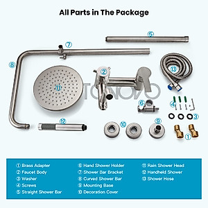 gotonovo Stainless Steel SUS304 Shower Faucet 8 Inch Rainfall Shower Head Cylinder Handle Brushed Nickel Exposed Shower Fixture Wall Mount Shower System With Hand Spray