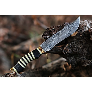 12.5 Inch long Hunting knife, Collectible knife, Scale is made of Camel bone and dollar wood, embellished with Engraved brass finger guard and pommel, Hand forged Twist pattern Damascus steel blade, Comes with Leather sheath