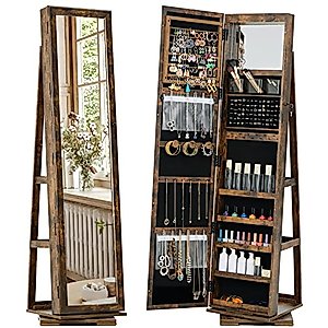 SERWALL 360 Rotating Jewelry Stand Organizer - Jewelry Armoire with Full-Length Mirror- Freestanding Dressing Mirror Jewelry Cabinet Storage - RUSTIC BROWN